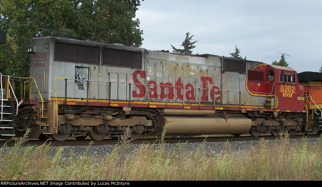 BNSF 8202 on tied down eastbound BNSF loaded grain train